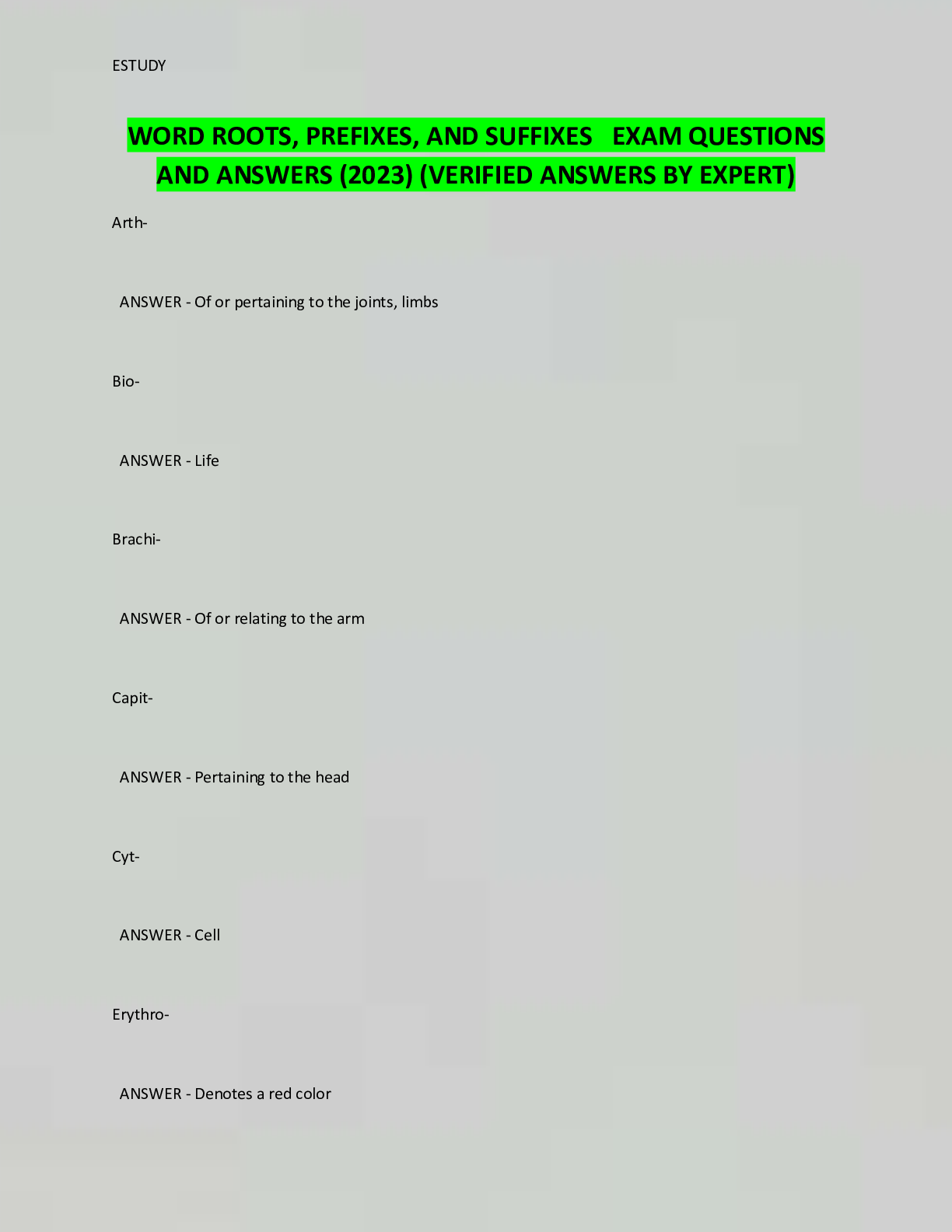 WORD ROOTS, PREFIXES, AND SUFFIXES EXAM QUESTIONS AND ANSWERS (2023 ...